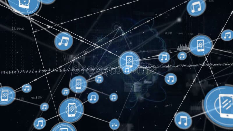 Animation of Network of Media Icons Over Processing Data on Black ...