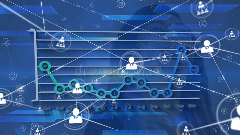 Animation of Network of People Icons Exchanging Data Over Graph on Blue ...