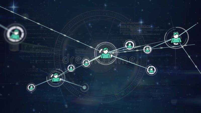 Animation of Network of People Icons Over Processing Data on Dark ...