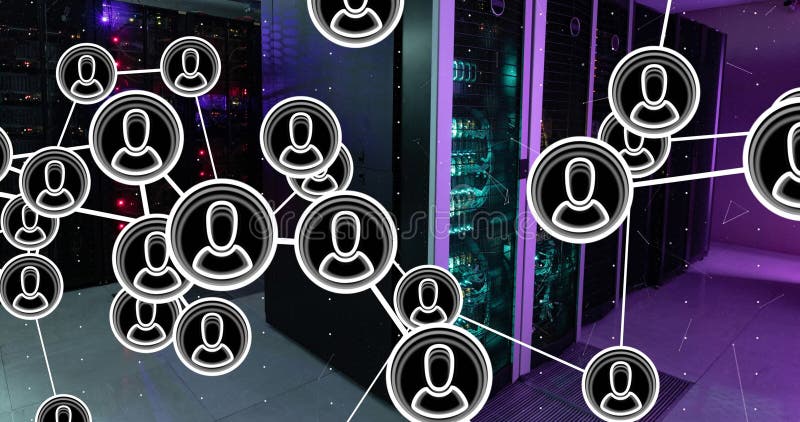 Animation of Network of Profile Icons Against Computer Server Room ...