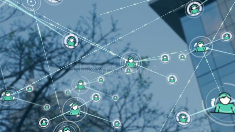 Animation of Network of Profile Icons Against Low Angle View of Tall ...