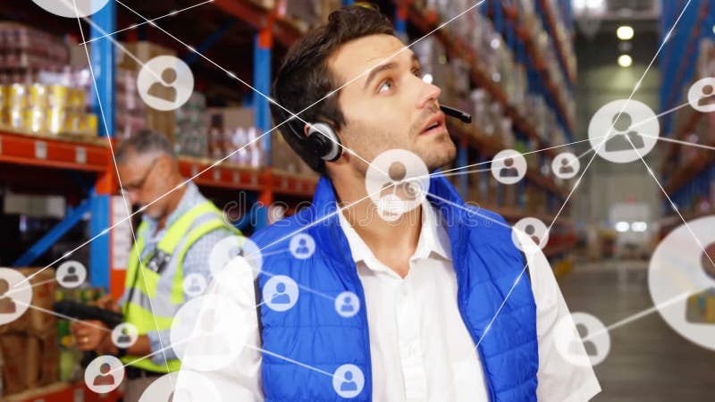 Animation of Network of Profile Icons on Caucasian Male Supervisor ...