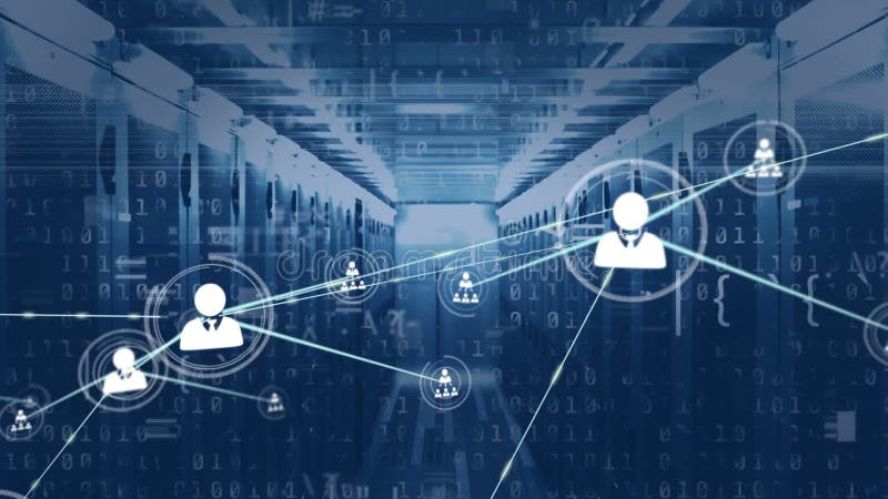 Animation of Network of Profile Icons, Changing Symbols and Binary Coding Against Server Room ...