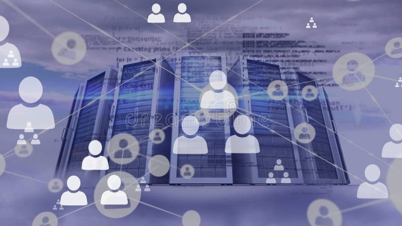 Animation of Network of Profile Icons and Data Processing Over Computer Server Against Clouds in ...