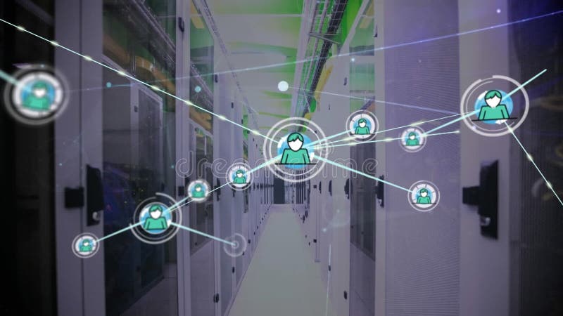 Animation of Network of Profile Icons and Light Spot Against Computer ...