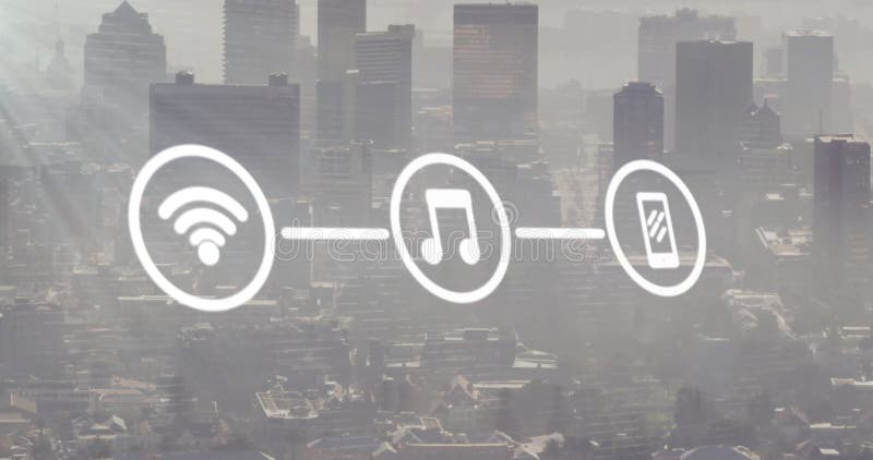 Animation of Network of Wifi and Media Icons Over Modern Cityscape ...