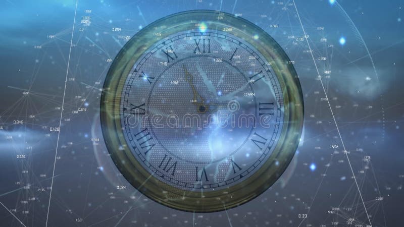 Animation of Networks of Connections and Globe Over Clock Moving Fast ...