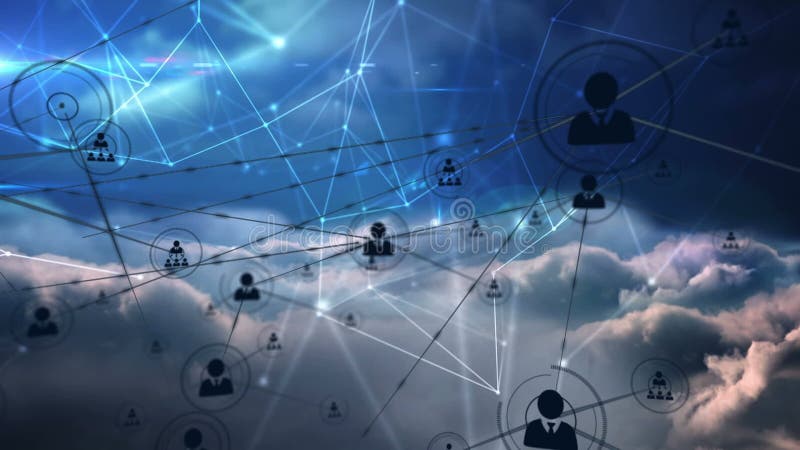 Animation of Networks of Connections with Icons Over Sky with Clouds ...