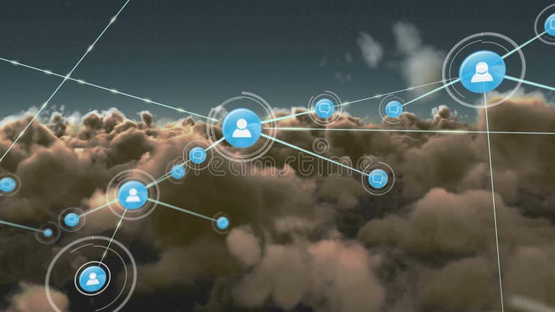 Animation of Networks of Connections with Icons Over Sky Stock Footage ...