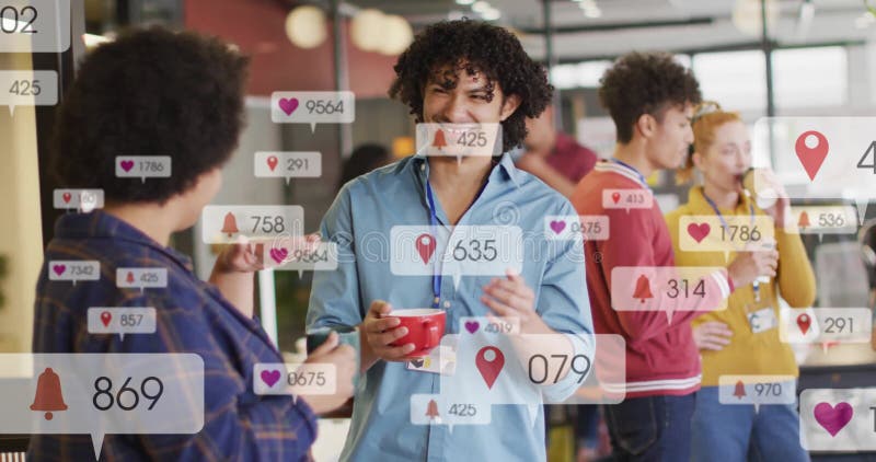 Animation of Notification Bars Over Diverse Coworkers Sharing Ideas while Drinking Tea during ...