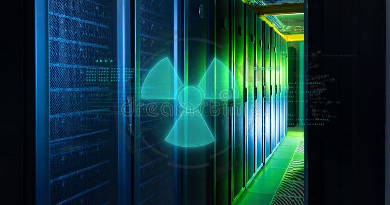 Animation of Nuclear Symbol Over Data Processing and Server Room Stock ...