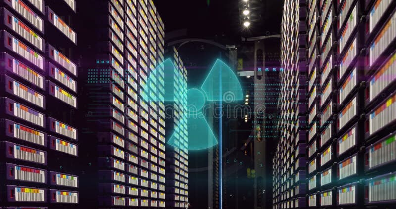 Animation of Nuclear Symbol Over Data Processing and Server Room Stock ...