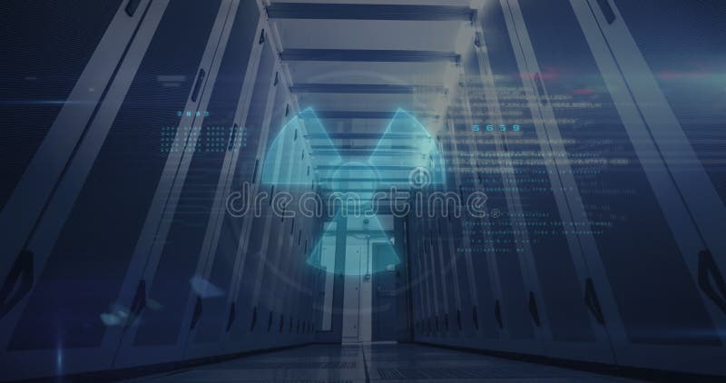 Animation of Nuclear Symbol Over Data Processing and Server Room Stock ...