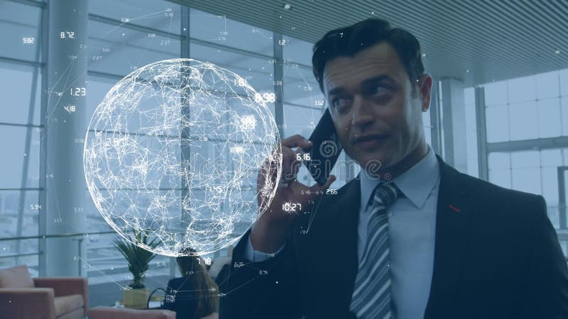 Animation of Numbers Around Rotating Globe Over Caucasian Man Talking ...