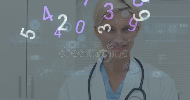 Animation of Numbers Changing and Scopes on Screens Over Female Doctor ...