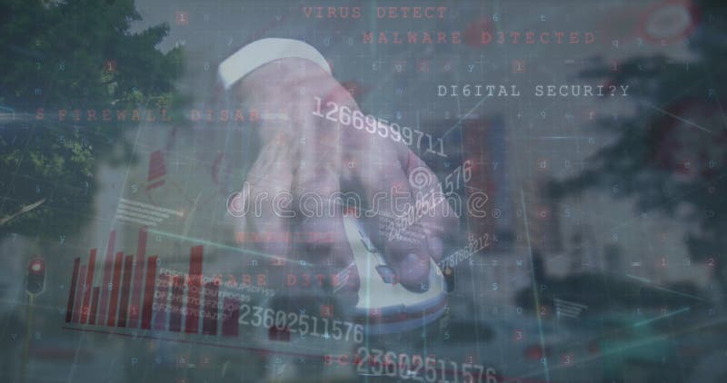 Animation of Numbers and Graph Over Hand of Caucasian Man Holding Mouse ...