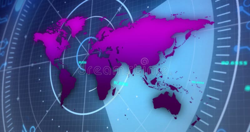 Animation of Numbers Over Purple Map and Radar Against Grid Pattern on ...