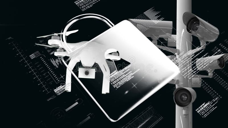 Animation of Online Security Padlock Icon and Drone Flying with CCTV ...