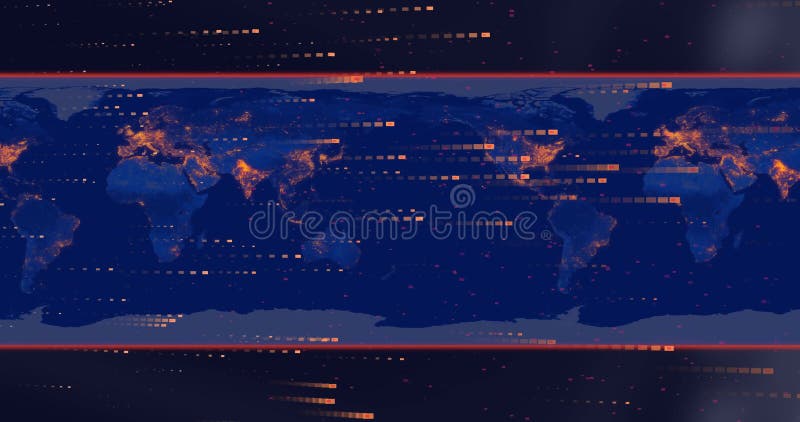 Animation of Orange Data Trails Processing Over Blue World Map and ...