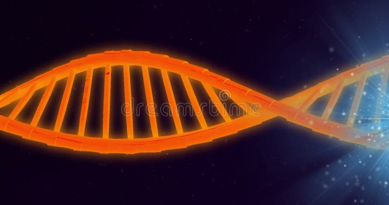 Animation of Orange Dna Strand and Glowing Lights on Blue Background ...
