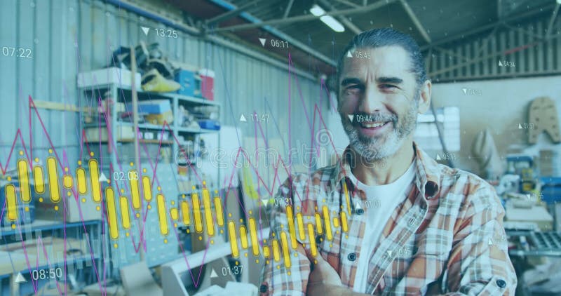 Animation of Orange Graph Processing Over Portrait of Happy Caucasian ...