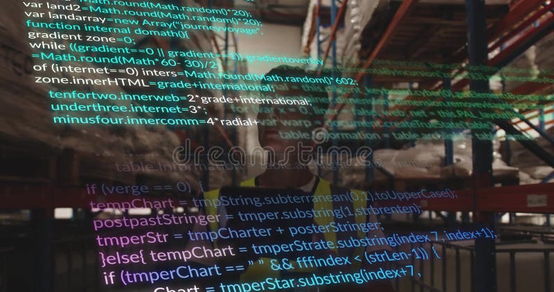 Animation Overlaying Computer Code on Warehouse Shelves with Stored ...