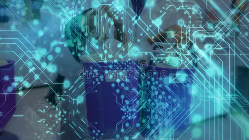 Animation Overlaying Digital Circuit Pattern on People Using Technology ...