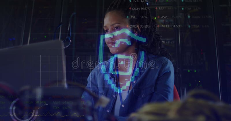 Animation of Padlock and Data Over African American Female it Engineer ...