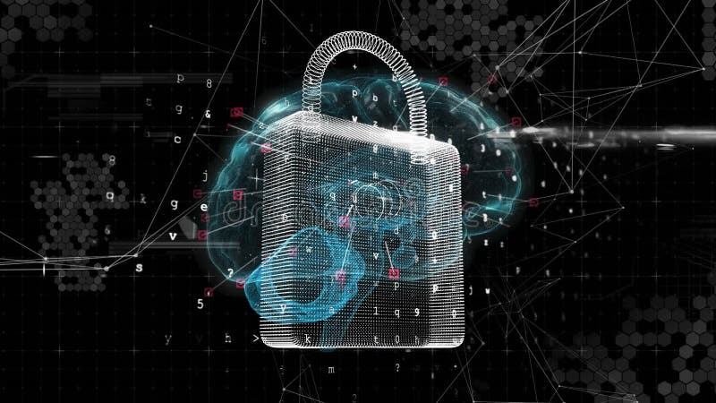 Animation of Padlock Icon and Data Processing Over Digital Brain and ...