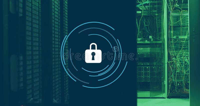 Animation Of Padlock In Loading Circles Over Data Server System In Server Room Stock Footage