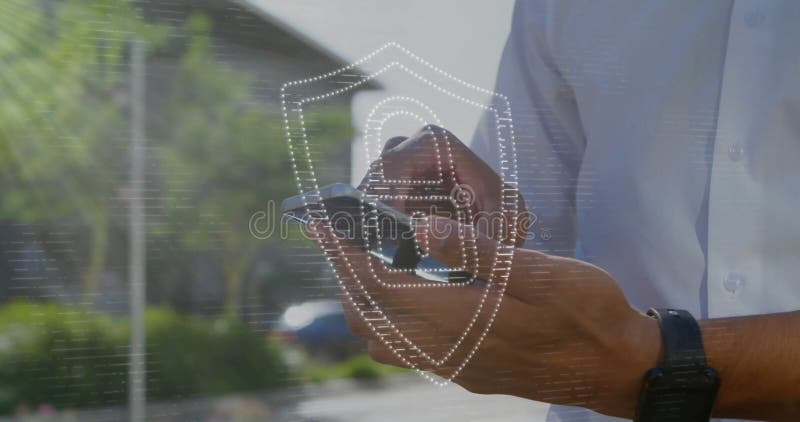 Animation of Padlock in Shield Over Midsection of Caucasian Man ...