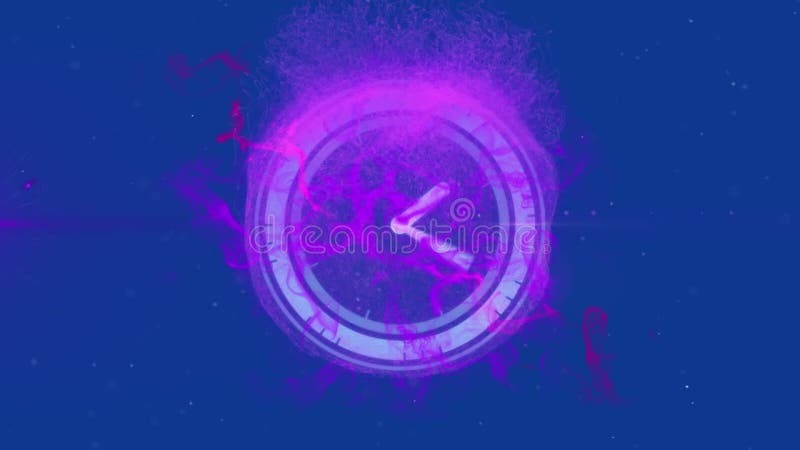 Animation of Particles Around Digital Clock Over Dots Against Blue ...