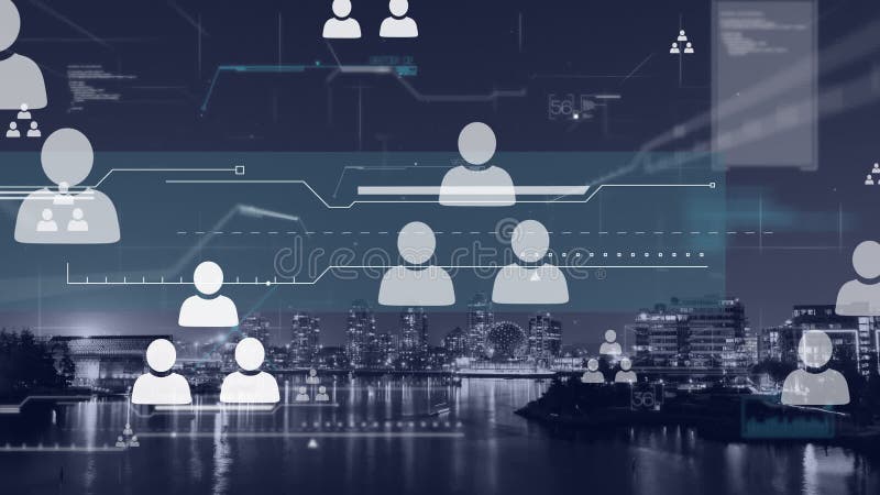 Animation of People Groups Icons and Data Processing Over Cityscape at ...