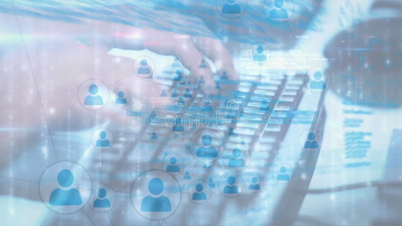 Animation of Person Typing on Computer Keyboard, Data Processing and Network of Connections ...