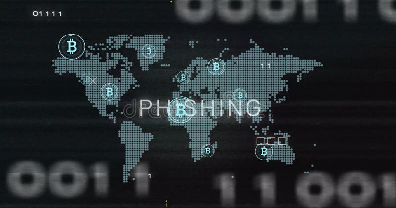 Animation of Phishing Text, Bitcoin Symbols and Data Processing Over ...