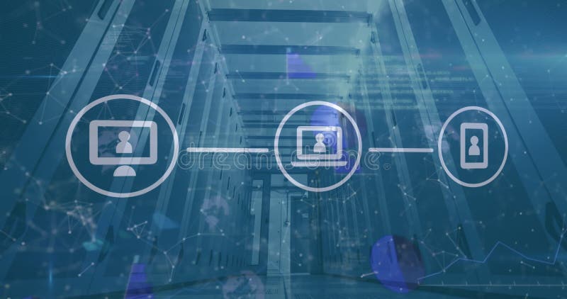Animation of Phone, Laptop, Computer Icons Forming Flowchart and Connected Dots Over Server Room ...