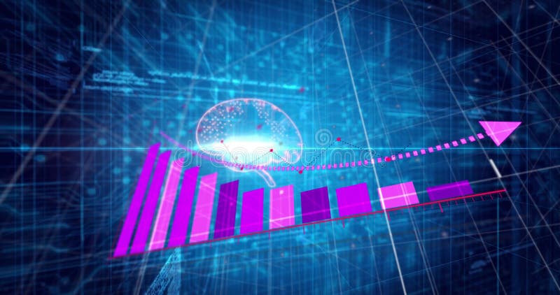 Animation of Pink Bar Graph and Brain Illustration Over Digital Network ...