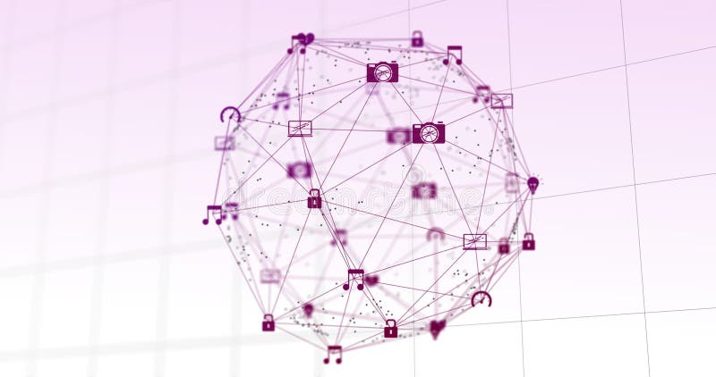 Animation of Pink Globe of Network Connections with Multimedia Icons on ...