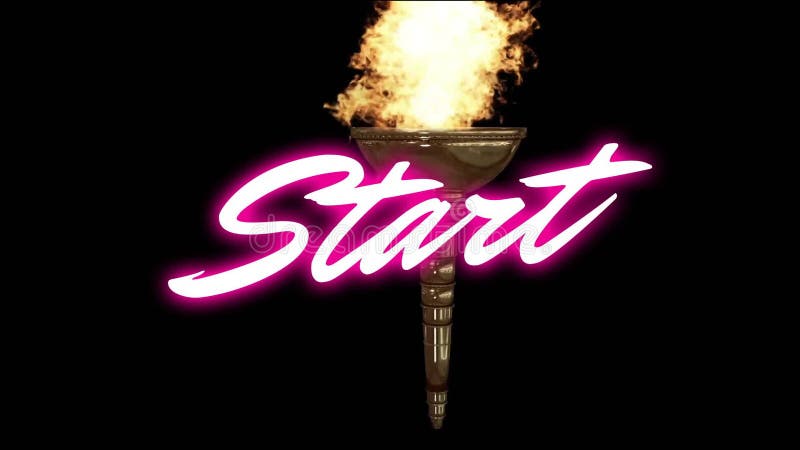 Animation of Pink Neon Start Text Over Lit Flame Torch on Black ...