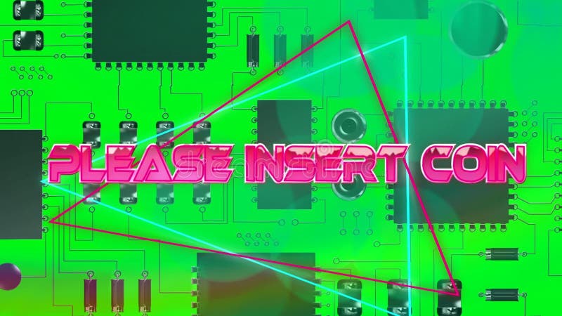 Animation of Please Insert Coin in Pink Metallic Letters Over Circuit ...