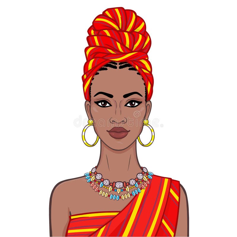 Animation Portrait Of The Beautiful Black Woman In A Turban And Ethnic