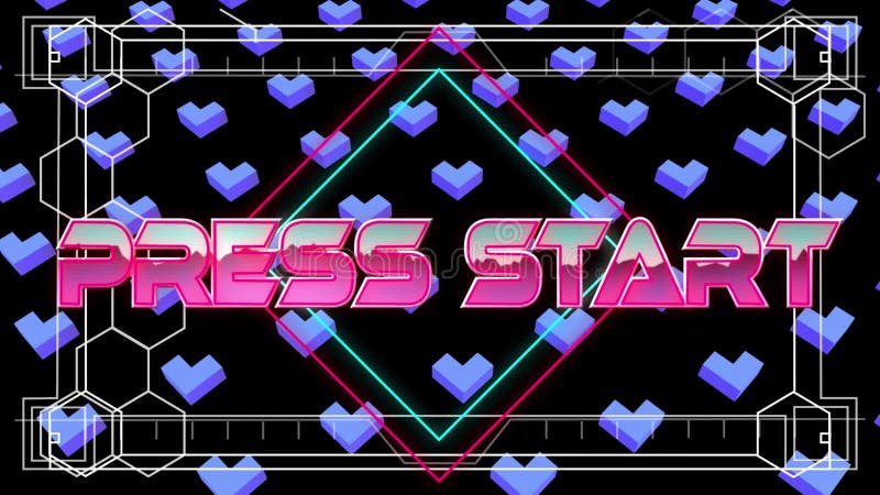 Animation of Press Start in Frame Over Black Background with 3d Hearts ...