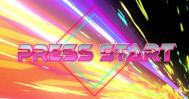 Animation of Press Start Text Over Colourful Lights on Black Background ...