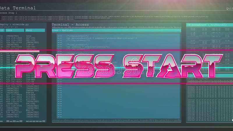Animation of Press Start Text Over Neon Lines and Screens with Data ...