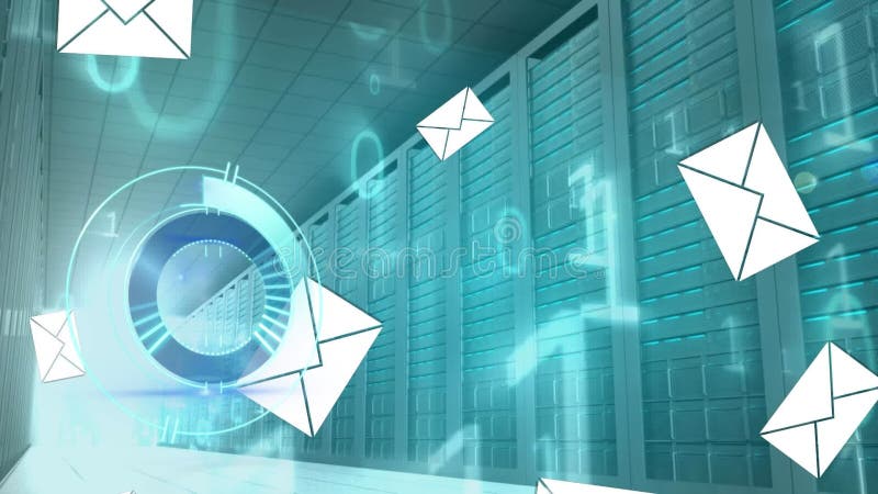 Animation of Processing Circle and Emails Floating Over Server Room ...