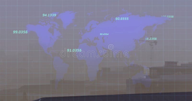 Animation of Processing Data and Blue World Map Over Misty Cityscape ...