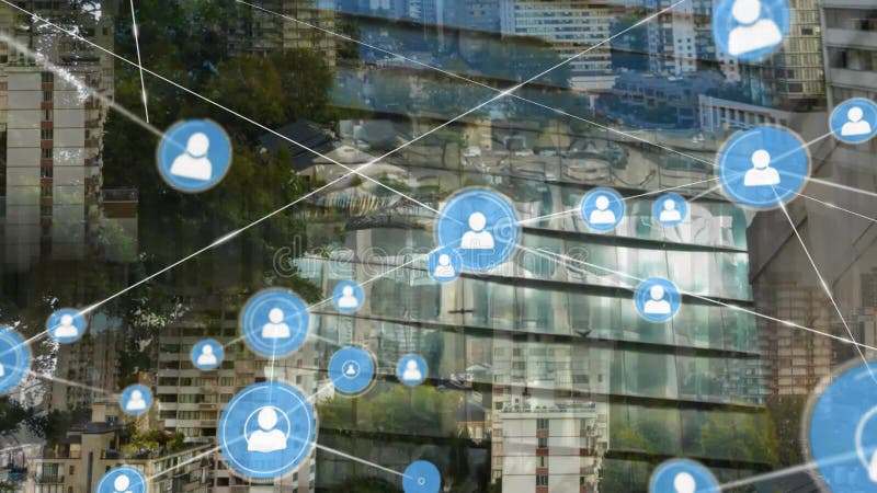 Animation of Profile Icons Connected with Lines Over Modern Buildings ...