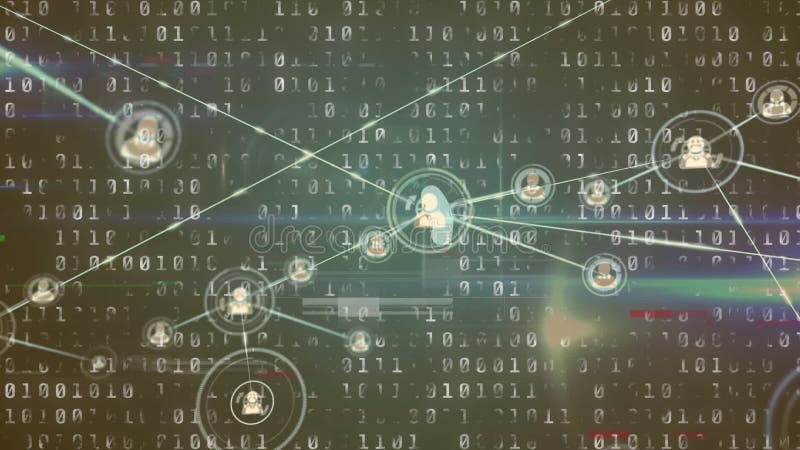 Animation Of Profile Icons Connecting With Lines And Loading Circle Over Binary Codes Stock