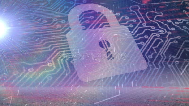 Animation of Programming Code and Light Moving Over Graphical Padlock and Electronic Circuit ...