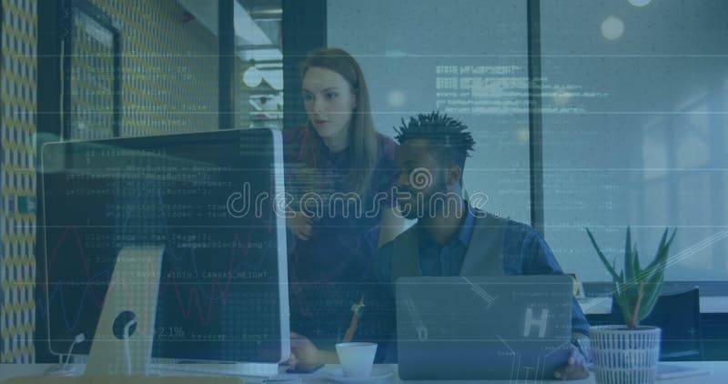 Animation of Programming Language, Diverse Colleague Discussing Over Laptop and Computer in ...